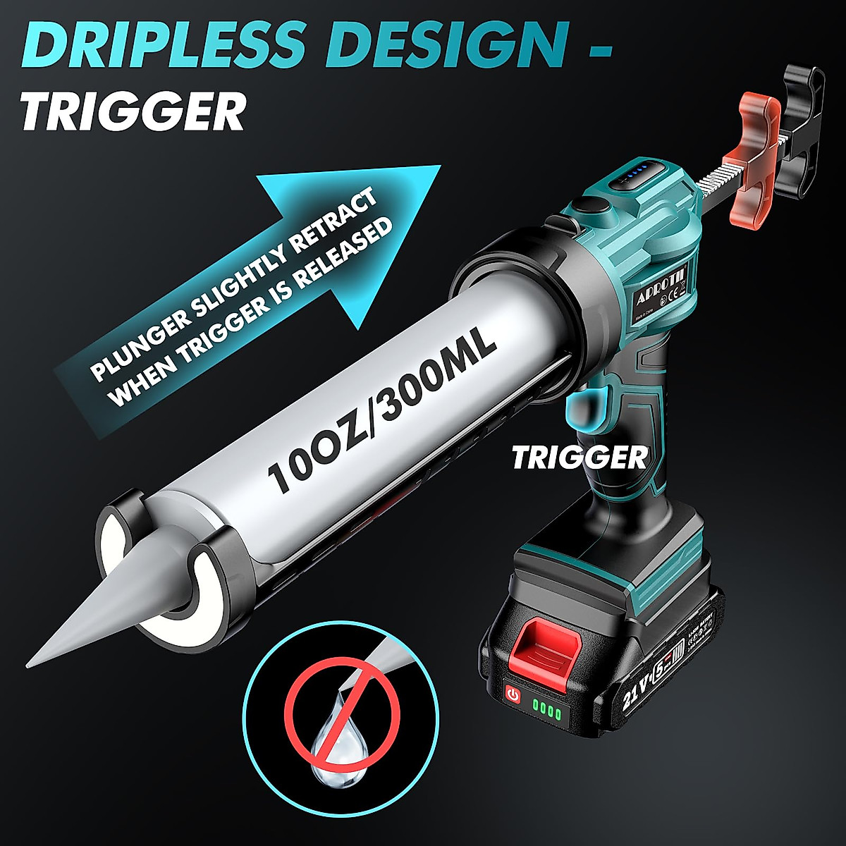 APROTII Cordless Caulking Gun Compatible with Makita Battery, Electric Caulk Gun w/ 4 Adjustable Speeds, LED Light, Drip-Free Adhesive 10OZ/300ML Caulk Gun for Filling, Sealing (No Battery)