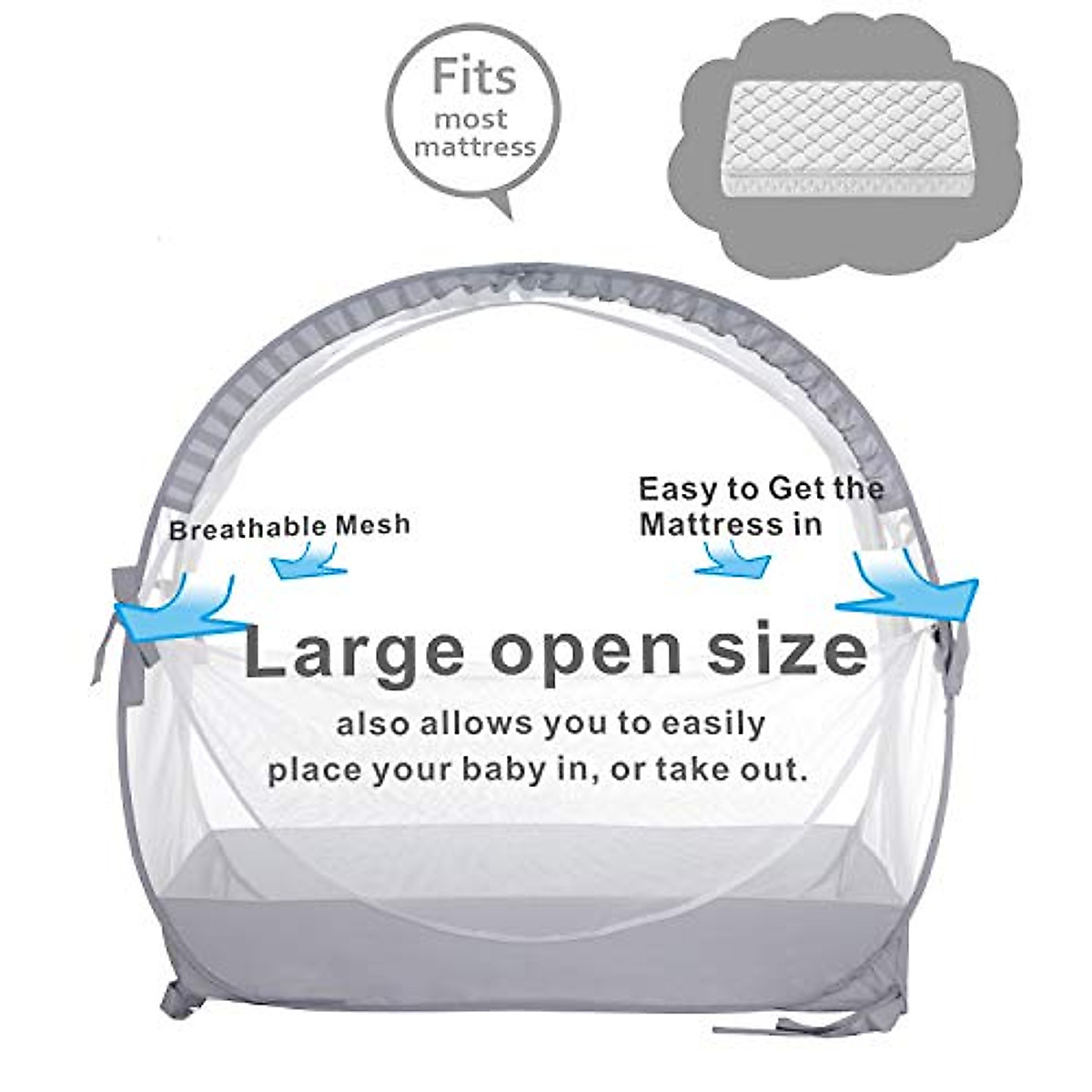 ZXPLO Baby Safety Crib Tent Infant Pop up Mosquito Net Nursery Bed Canopy Netting Cover - Keep Baby from Climbing Out with Hanging Diaper Storage Bag (Gray)