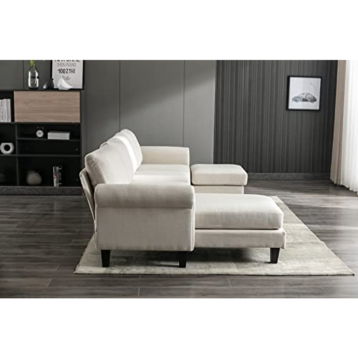 Eafurn U-Shaped Sectional Sofa w/Chaise Lounge and Movable Ottoman,108.66" Convertible Corner Couch,5 Seater Linen Upholstery Sofa&Couches with 2 Pillows for Living Room Furniture Sets, Beige