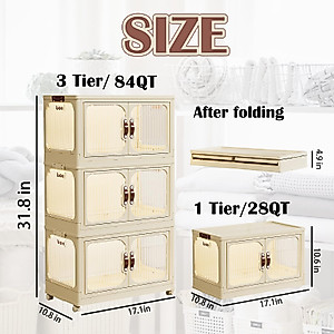 UFORU 3 Tier 84QT/21Gal Stackable Plastic Storage Cabinet Bins with Lids and Wheels, Collapsible Storage Cabinet, Storage Organizer, Folding Storage Box with Doors for Home, Office, Closets