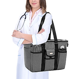 LoDrid Nurse Bag with Bottom Pad, Large Home Health Nurse Bag, Medical Assistant Bag with Multiple Pockets Features, Nurse Equipment Bag for Work, Grey, Bag Only