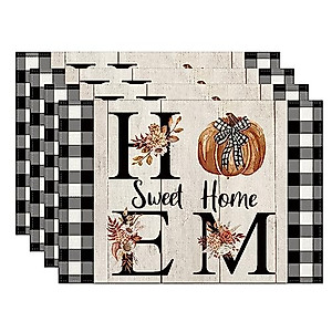 Fall Placemats Set of 4,12x18 Inch Home Sweet Home Buffalo Plaid with Pumpkin Heat-Resistant Place Mats,Seasonal Autumn Table Decors for Farmhouse Kitchen Dining Thanksgiving Holiday Party