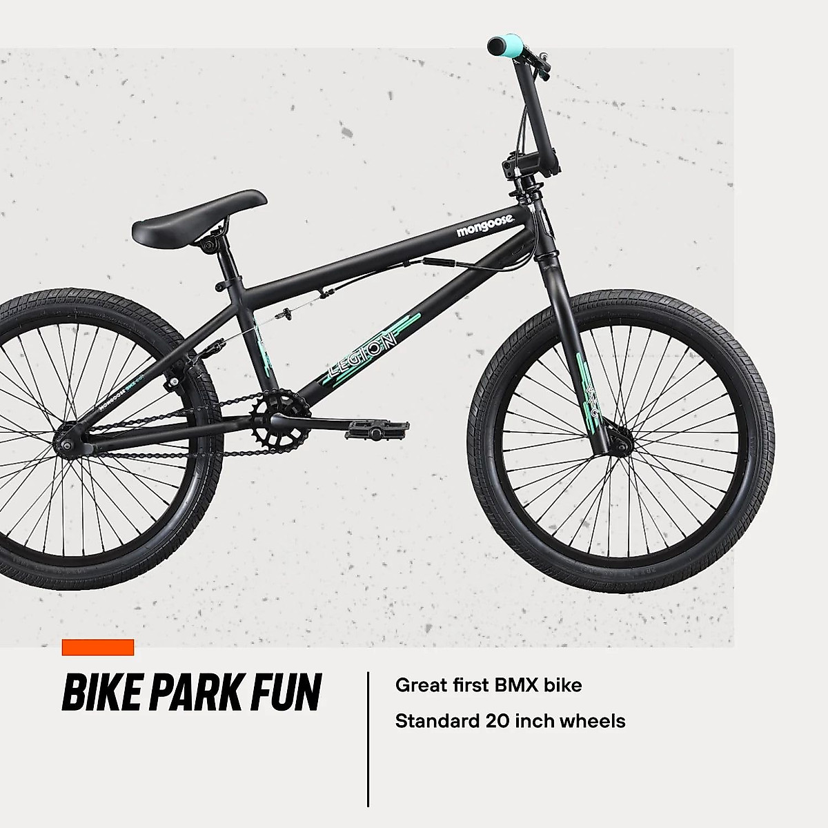 Mongoose Legion L10 Kids Freestyle Sidewalk BMX Bike, Beginner Riders, Boys and Girls, 20 Inch Wheels, Hi-Ten Steel Frame, Micro Drive 25x9T BMX Gearing, Black/Teal