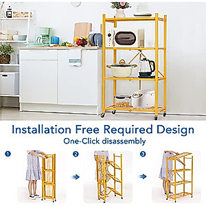 ShanSon Storage Shelves with Wheels 4 Tier Heavy Duty Foldable Metal Rack Storage Shelving Units for Garage Kitchen，Yellow