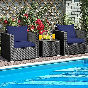 HAPPYGRILL 3-Piece Patio Furniture Set Rattan Wicker Patio Conversation Set with Coffee Table and Cushions Outdoor Sofa Set for Garden Balcony Porch Poolside