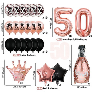 50th Black and Rose Gold Party Decorations - Happy Birthday Banner, Pennant, Birthday Balloons, Fringe Curtains, Tablecloth, Cake Topper, Hanging Swirls 50th Birthday Decorations for Women Princess