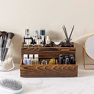 MyGift 2 Tier Rustic Burnt Solid Wood Stackable Modular Vanity Storage Organizer Trays, Decorative Bathroom Countertop Makeup Cosmetic Box, 2 Piece Set