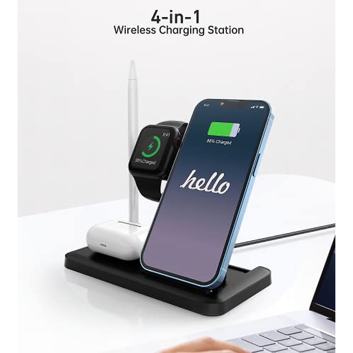 Wireless Charger, 4 in 1 Fast Charging Station Stand Compatible with iPhone 13/12/11/Pro/XS/XR/X/SE/8, 18W Charger Dock for Apple Watch 7/6/SE/5/4/3/AirPods Series/Apple Pencil 1st (Black)