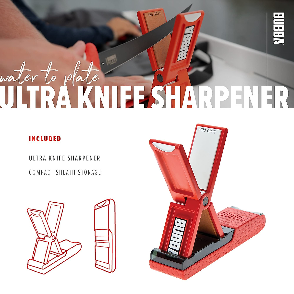BUBBA Ultra Knife Sharpener with Non-Slip Grip Base and Sharpener Sheath for Manual Knife Sharpening for Any Blade