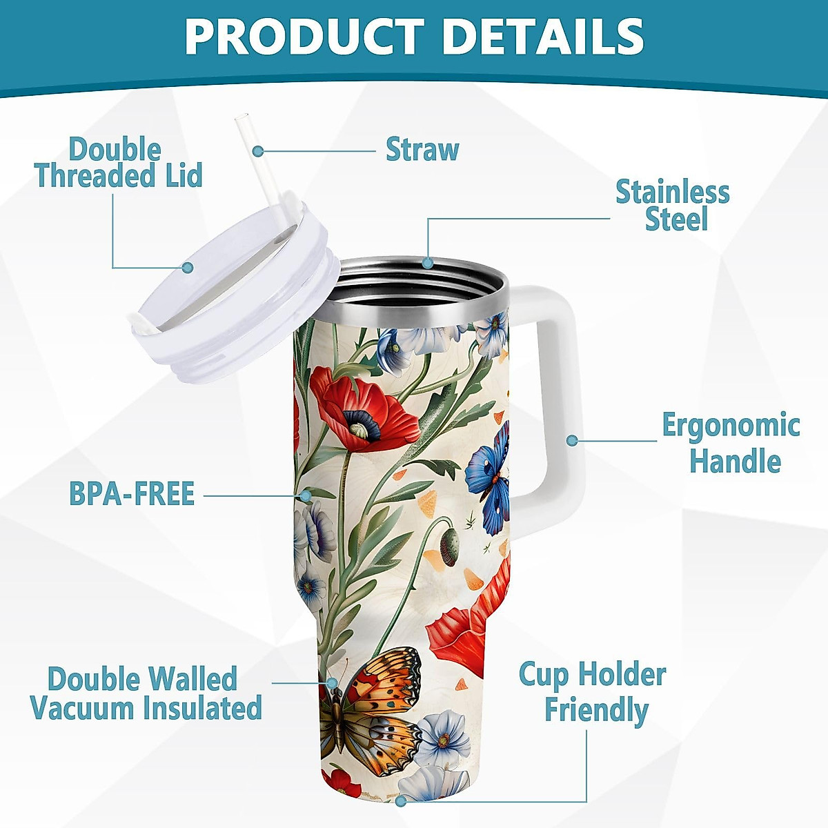 FENOCHE Red Poppy Flowers Butterfly 30 oz Tumbler Insulated Cups Stainless Steel Water Bottle with Handle Lid and Straw Tumblers for Car Cup Holder