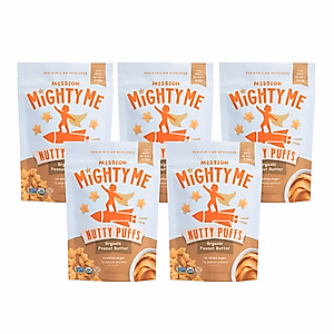 Mission Mighty Me Nutty Puffs Peanut Butter Puffs for Babies + Kids - Pediatrician Developed - USDA Organic, Plant-Based Protein, Gluten-Free Puffs Baby Snack - Peanut Flavor (1.5oz, 5-Pack)