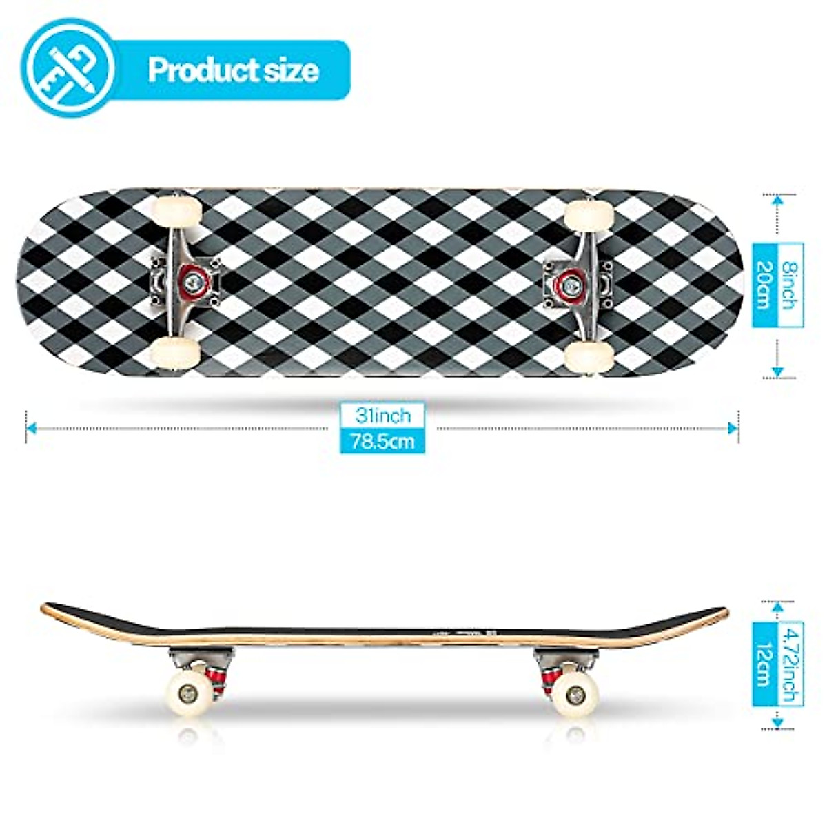 Gonex Standard Skateboard for Kids Teens Beginners, 31 x 8 Inch Double Kick Concave Complete Skate Board for Boys Girls Adults with 9 Layer Maple Deck, Diamond