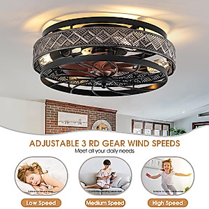 SHIHOT Low Profile Caged Ceiling Fans with Lights and Remote, Flush Mount Ceiling Fan with Light, Bedroom Fan, Small Industrial Black Ceiling Light Fixture, Reversible(Bulbs not Included)
