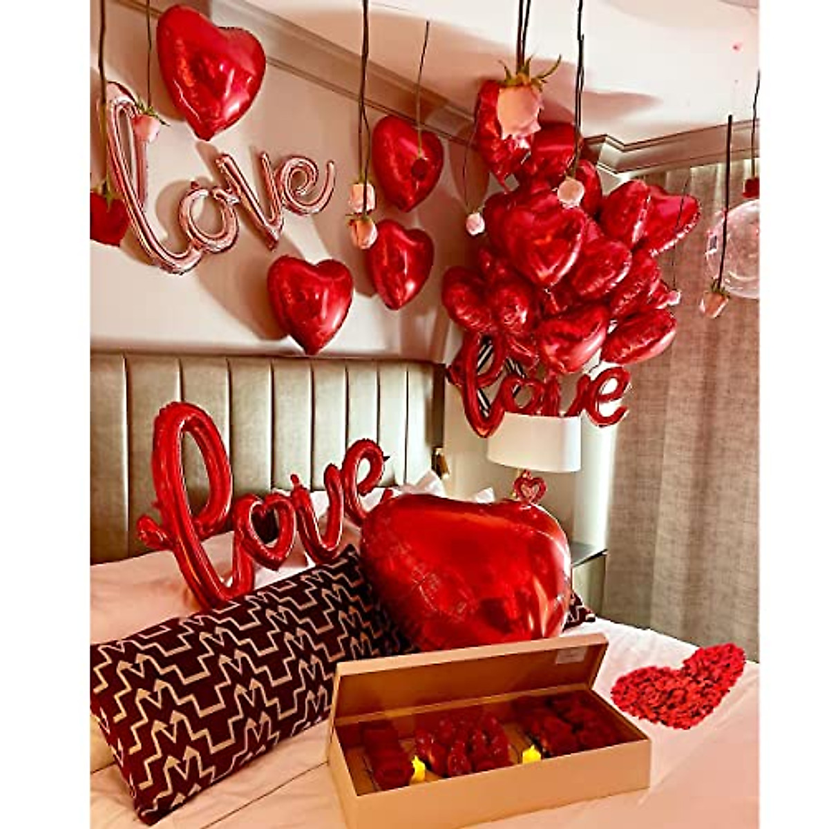 Valentines Day Party Decorations Set - 36 Inch Love Foil Balloon, 2pcs 18inch Foil Heart Balloon, 18pcs 10inch Heart Balloons and 1000 Pcs Rose Petals for Valentines Anniversary Bedroom Decorations