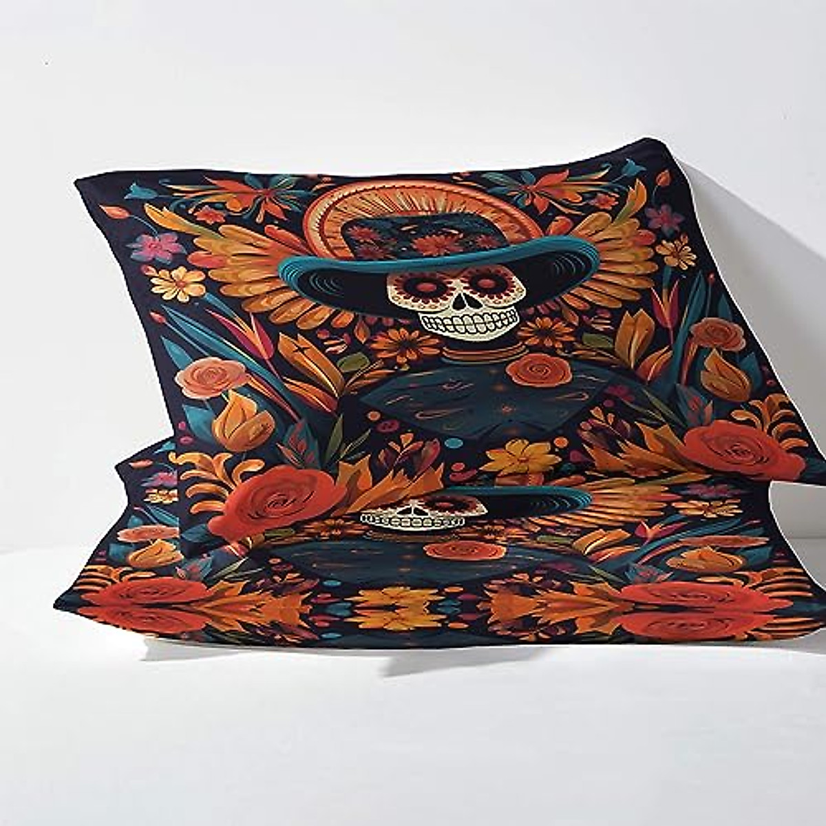 Skeleton Sheets Full Size, Day of The Dead Bed Sheets, Patterned Bedding Sheets & Pillowcases 4 Piece Set - Soft Microfiber Deep Pocket Fitted Sheet & Flat Sheet & 2 Pillow Cases L8-&-335