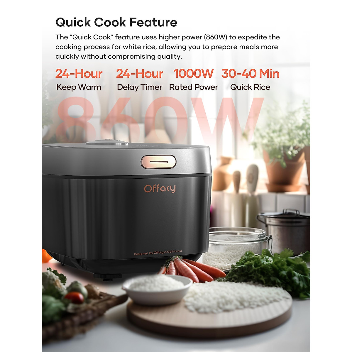 Offacy Rice Cooker Maker 8 Cup Uncooked 8 Preset Programs, Smart Fuzzy Logic, Large Stainless Steel Steamer, Friendly Touch Panel and LED HD Display, Auto Keep Warm, Quick Cook, Black