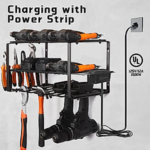 WiseWater Power Tool Organizer with Charging Station, 4 Slot Drill Holder Wall Mount, Tool Shelf and Storage Rack with Screwdriver/Pliers/Hammer Holder for Garage Cordless Power Tools Organization