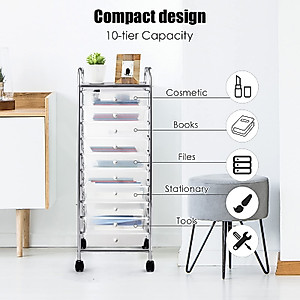 GOFLAME Rolling Drawer Cart with 10 Drawers, Utility Storage Organizer Cart with Wheels and Metal Frame, Art Cart for Office, School, Home, Clear