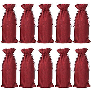 HRX Package Pack of 10 Burlap Wine Bags with Drawstring for Christmas, 14 x 6 1/4 inches (Red)