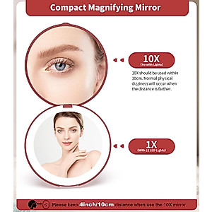 wobsion Travel Compact Mirror,Portable 1x/10x LED Makeup Mirror with Magnification,Handheld 2-Sided Pocket Mirror, 3.5in Small Mirror for Purse,Handbag,Gift,Wine Red