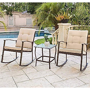 SOLAURA 3-Piece Patio Furniture Outdoor Rocking Chair Set Brown Wicker Patio Bistro Sets, Front Porch Furniture with Beige Cushion, Two Patio Chairs with High Backrest & Glass Coffee Table
