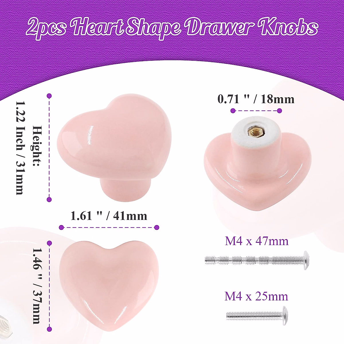 Qjaiune 2pcs Ceramic Cabinet Knobs Pink Drawer Knobs, Heart Shaped Dresser Knobs Cute Kitchen Cabinet Pull Handles, Small Vanity Knobs Hardware Closet Cupboard Knobs for Kids Girls Children's Bedroom