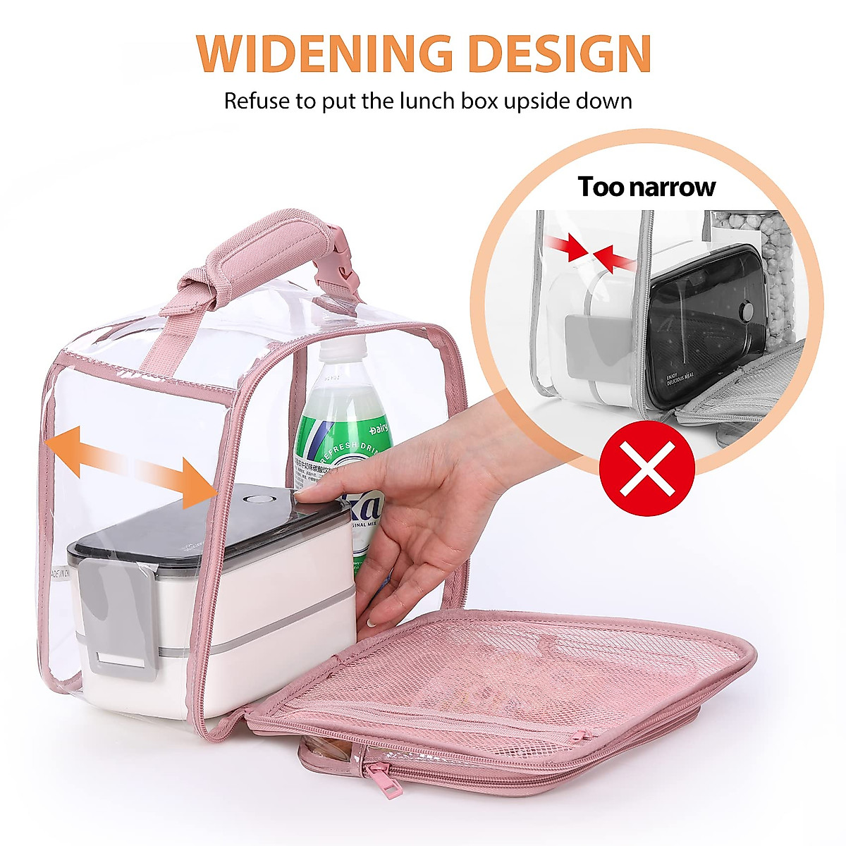 BORMELUN ® Large Pink Clear Lunch Bags for Girls,See Through Plastic Lunch Box，Tote Handle for Women,Office,School Picnic(11x9x6 inches)