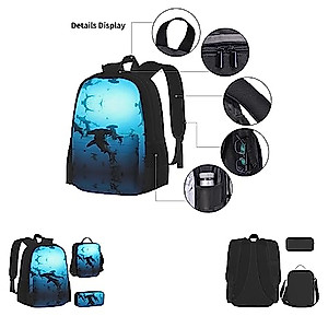 MQGMZ Hammerhead Sharks Print Backpack 3 Pcs Set Travel Hiking Lightweight Water Laptop Pencil Case Insulated Lunch Bag