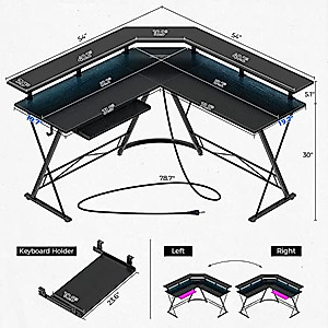 Rolanstar L Shaped Computer Desk with LED Lights and Power Outlets, 54" Gaming Desk with Keyboard Tray, Corner Desk with Monitor Stand, Home Office Desk with Hook, Black