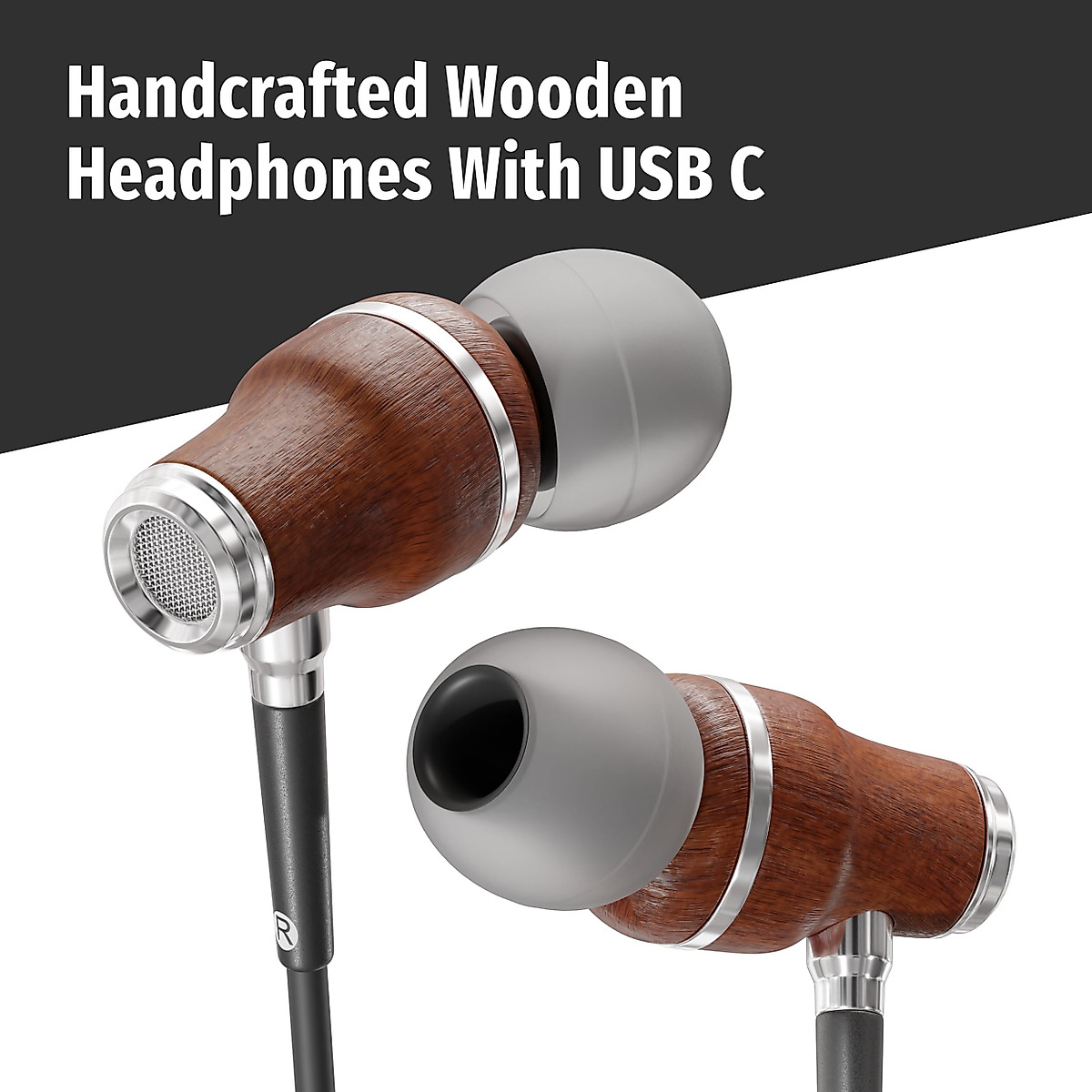 Symphonized Premium Wooden iPhone Earphones Wired (USB C) Deep Bass Sound, 3D Sound, Microphone Volume Control, 90% Noise Cancelling for Type C Devices. Earphones for iPhone 15 to 16 & Android