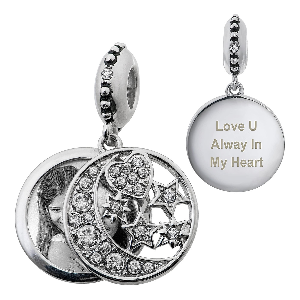 Qina C Sterling Silver Personalized Text & Photo Engraved Message Moon Star Crystal Dangle Bead F/European Charm Bracelet Gift f/Family Friend Wife Daughter