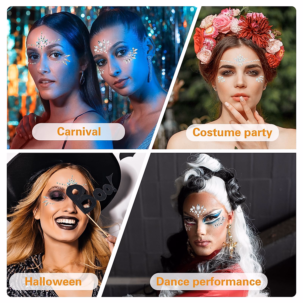 simarro Halloween Face Gems, 3 Sets of Temporary Tattoos Face Sticker Glitter Gemstones Rhinestones Eyes Face Body Tattoos for Music Festival Party Makeup Outfit Accessories