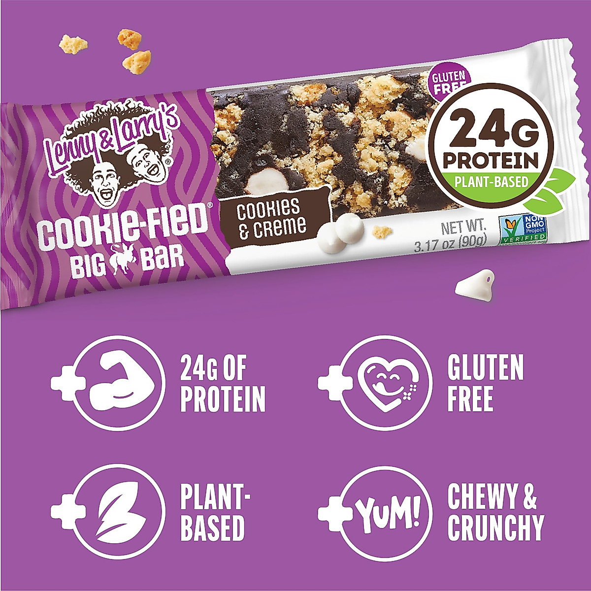Lenny & Larry's Cookie-fied BIG BAR – Cookies and Creme Vegan Protein Bars 12x90g – Healthy Snacks, 24g Plant Protein & 10g Prebiotic Fiber – Gluten free Power Bar, Keto Friendly & Vegan