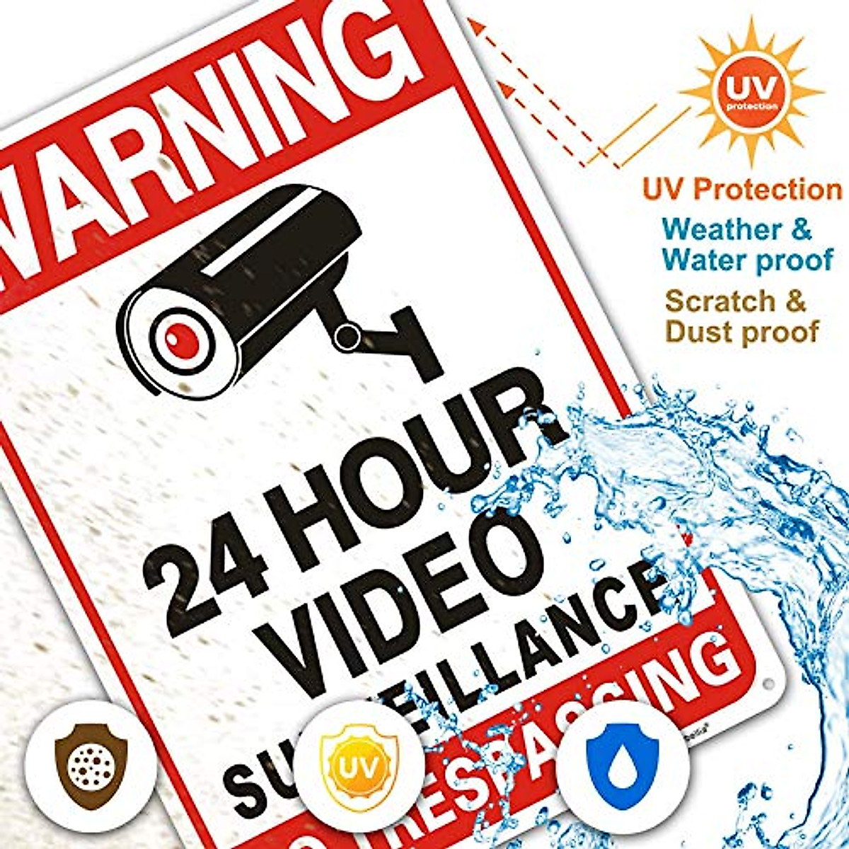 2 Pack No Trespassing Sign, 24 Hour Video Surveillance Signs, Rust-free Aluminum Metal Reflective Sign, Fake Security Camera Sign, Indoor Or Outdoor Use for Home Yard Business CCTV (10 x 7 Inches)