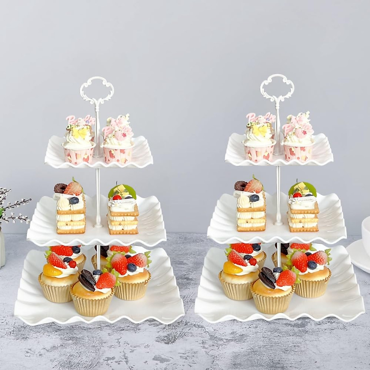 5 Pcs Cupcake Stand Set - Plastic Dessert Table Display Set, 2 White Square 3 Tier Cupcake Display Stands Cookie Tray Rack Serving Tower & 3X 14 in Plastic Trays for Wedding Baby Shower Tea Party