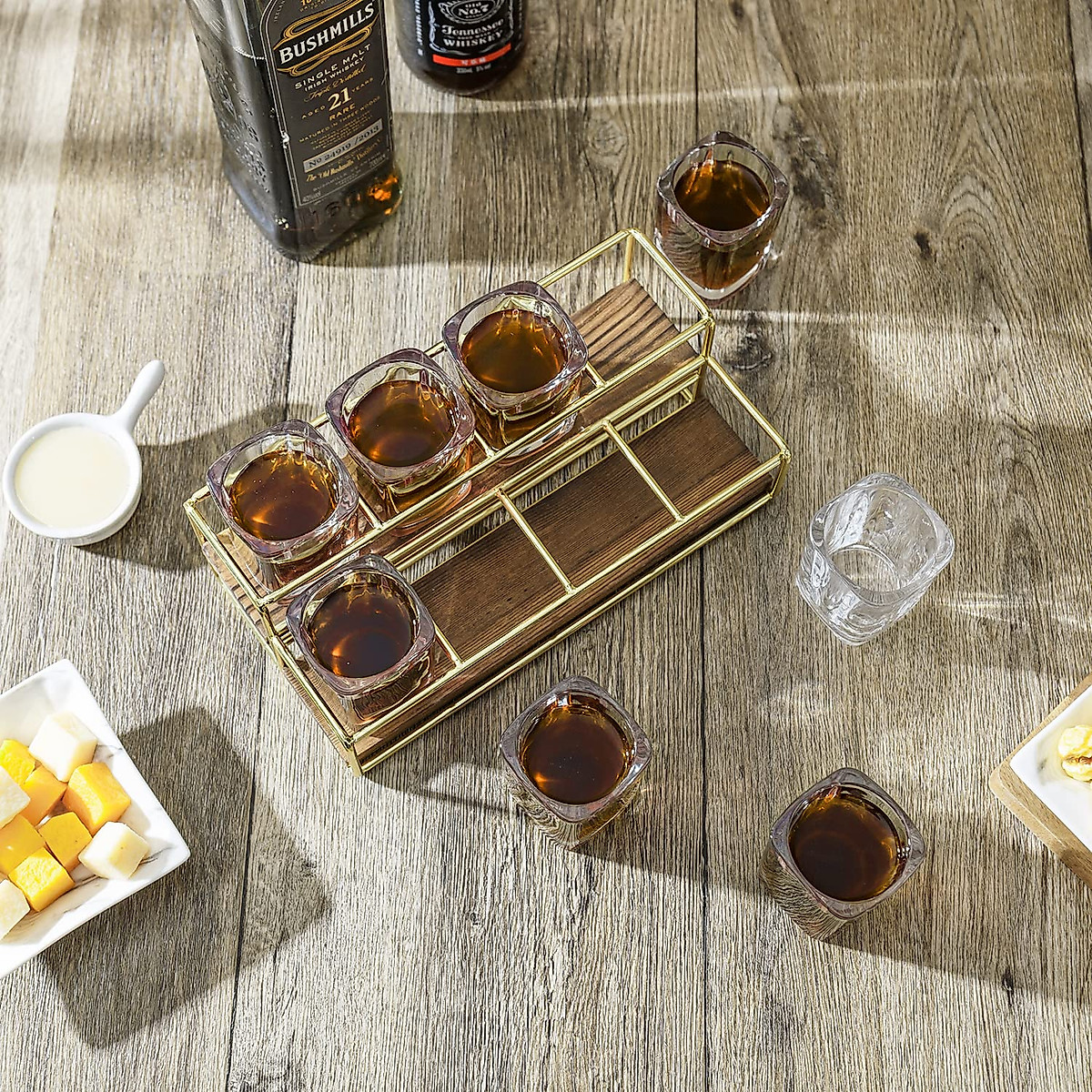MyGift Shot Serving Tray, 2-Tier Brass Tone Metal and Burnt Wood Party Shots Server Tray with 8 Shot Glasses