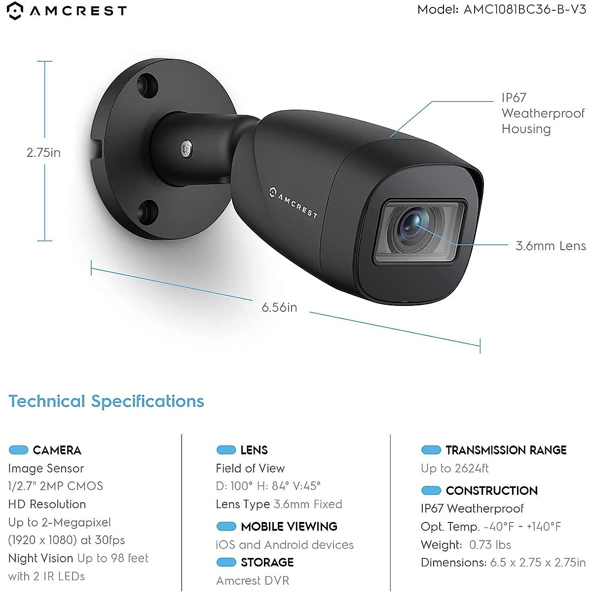 Amcrest Full HD 1080P 1920TVL Bullet Outdoor Security Camera (Quadbrid 4in1 HD-CVI/TVI/AHD/Analog), 2MP 1920x1080, 129° FOV, Black AMC1081BC28-B-V4