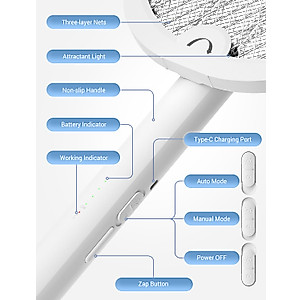 YISSVIC Electric Fly Swatter Foldable Bug Zapper Racket 2 in 1 Mosquito Killer with Purple Attractant Light Rechargeable 1800mAh for Indoor Home Backyard Patio Camping