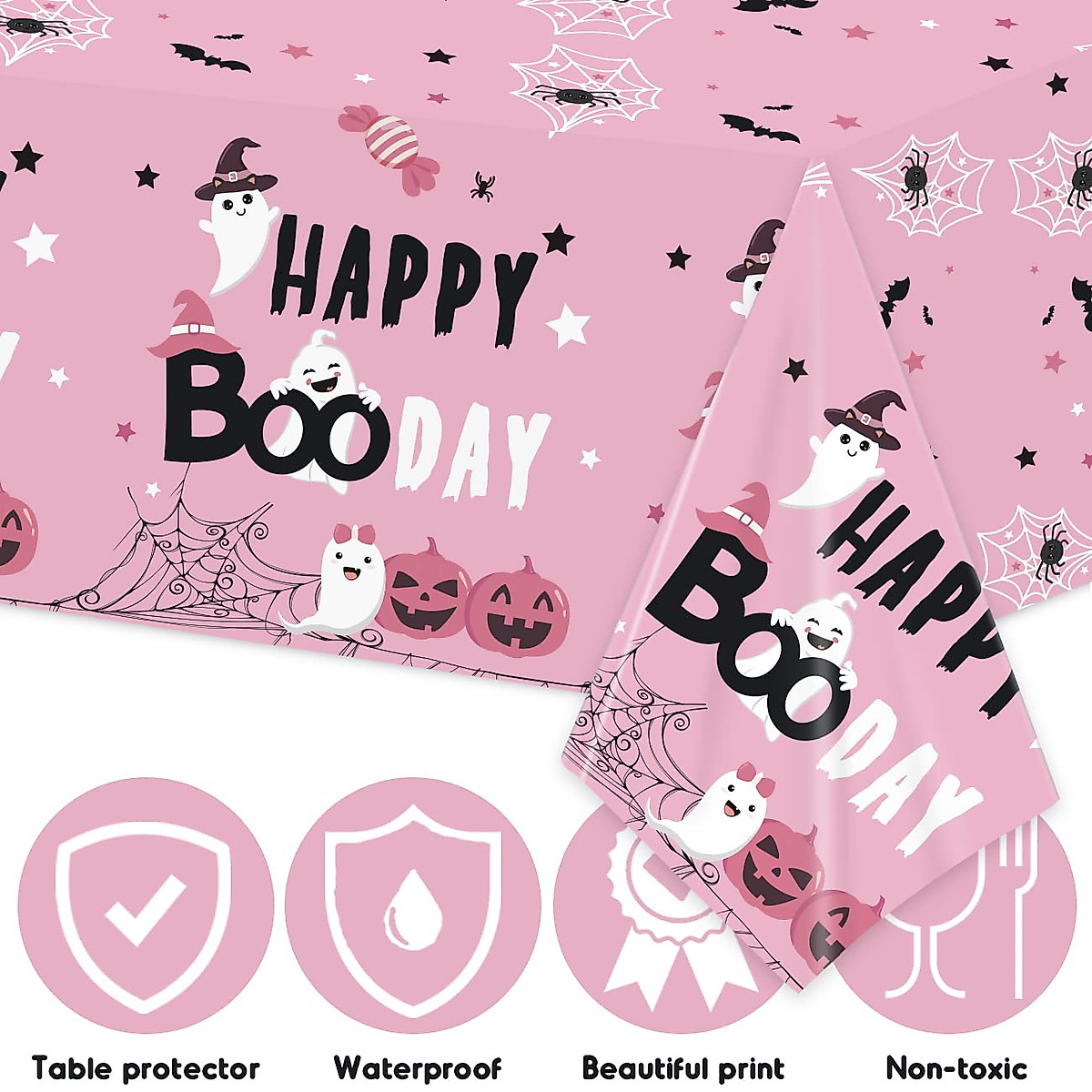3 Pack Halloween Tablecloths Pink Halloween Party Decorations Pumpkin Ghost Happy Boo Day Halloween Table cover Rectangular Plastic Table Cover for Indoor Outdoor Halloween Party Home Decorations