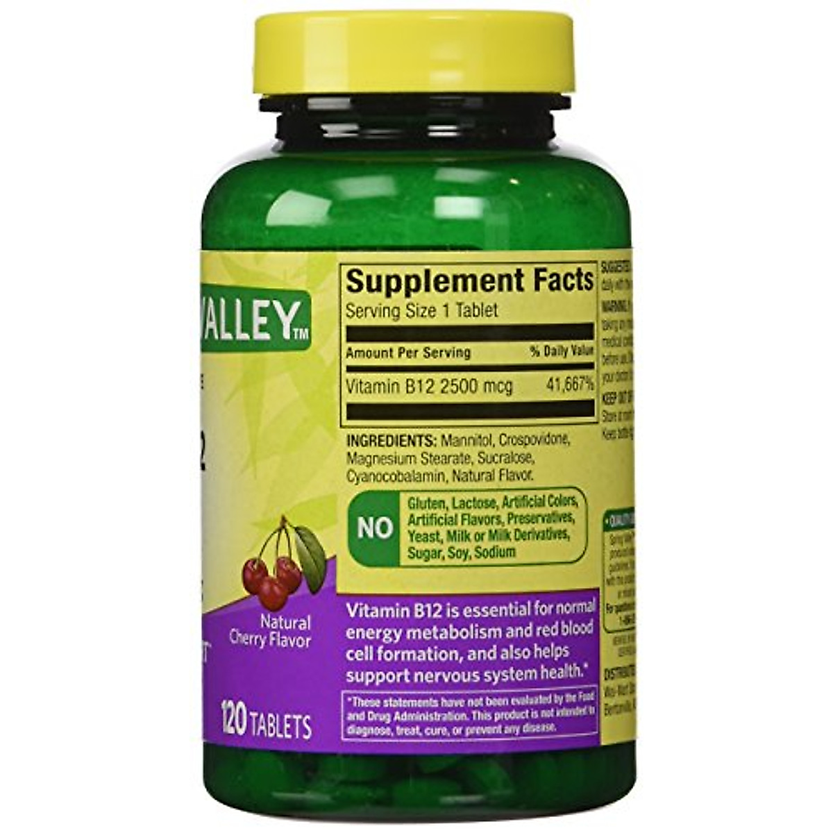 ONLY 1 IN PACK Spring Valley Fast-Dissolve Vitamin B12 2500 Mcg, Metabolism Support, 120 Tablets cherry flavor