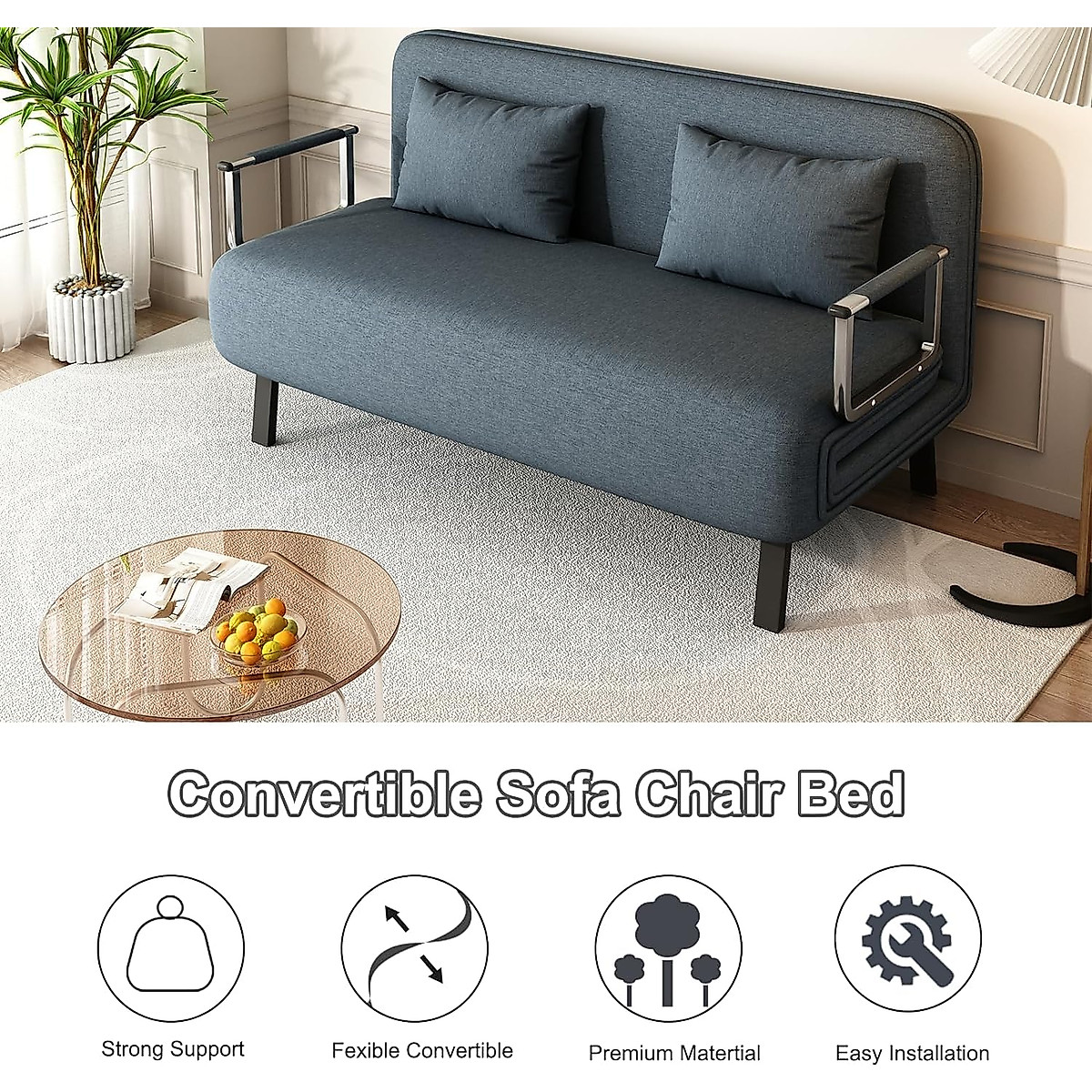 Convertible Sleeper Sofa, 55″ Tri-Folding Queen Sofa Bed with Adjustable Backrest, Velvet Comfy Loveseat Sleeper, Sleeper Sofa Bed for Adults, Modern Futon Sofa Bed for Bedroom Living Room (55in)