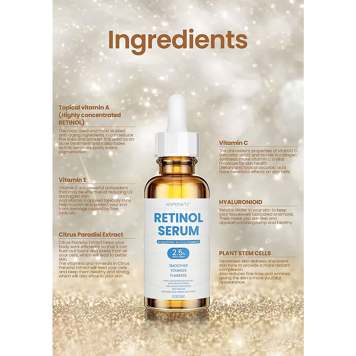 HOPEMATE Natural Facial Retinol Serum with Hyaluronic Acid& Vitamin E, New Skin Treatment Formula, Organic Anti Wrinkle Reducer, Anti Aging Moisturizer, Dark Circles, Scar, Sun Damage Corrector