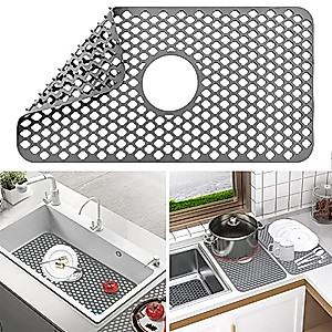 HiBD Silicone Sink Mat 1Piece Grey with Center Drain, Sink Protectors for Kitchen Sink, Silicone Sink Protector, Kitchen Sink Mats and Protectors, for Farmhouse Sink ( 24.8"x 13" )