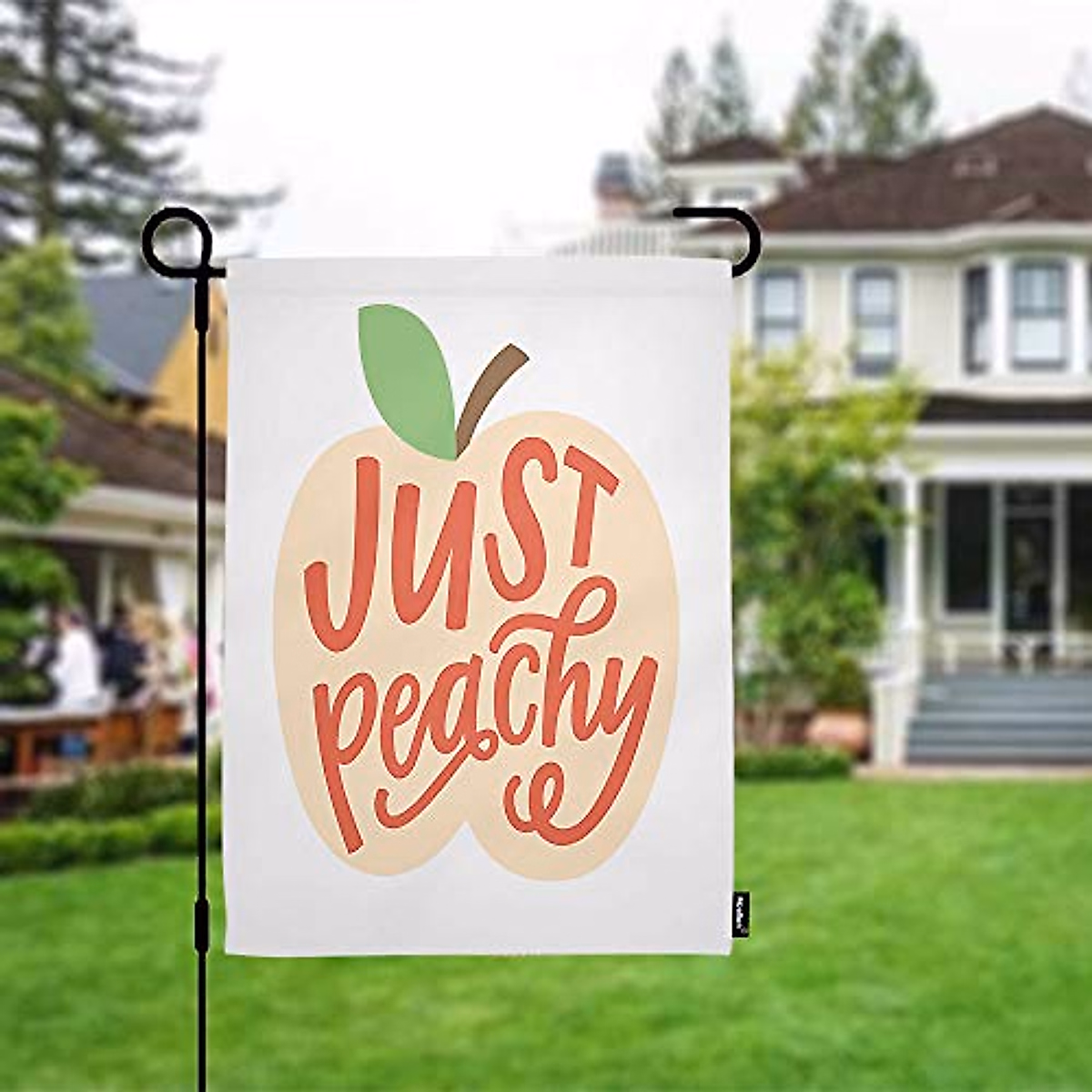 Moslion Peach Garden Flag 12x18 Inch Just Peachy Quote Word Hand Lettering Leaf Fruit Summer Seasonal Garden Flag Outdoor Decorative Double-Sided Cotton Linen