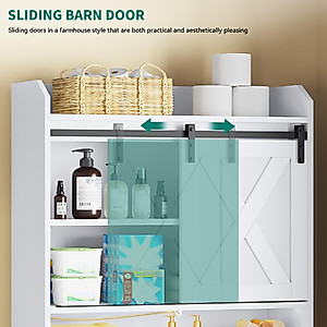 YITAHOME Over The Toilet Storage Cabinet, Farmhouse Storage Cabinet with Sliding Door, Infrared Sensor Light, Home Space-Saving Toilet Rack for Bathroom, Restroom, Laundry, White