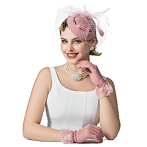 SWEETV Fascinators Pillbox Hats for Women, Tea Party Hat and Short Lace Gloves Set for Kentucky Derby, Cocktail, Wedding, Fancy Dress Party, Dusty Pink