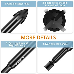 12 Pieces Glass Concrete Drill Bit Set Masonry Drill Bits for Brick, Tile, Plastic and Wood, Tungsten Carbide Tip for Wall Mirror and Ceramic Tile on Concrete and Brick Wall 3-12Mm (Black,3-12 Mm)