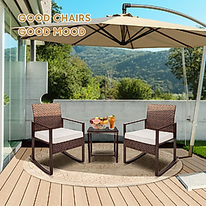 YIYAN 3 Pieces Rocking Bistro Set,Outdoor Rocking Chair Furniture Set,PE Wicker Outdoor Rocker Chair with Coffee Table & Washable Cushion(White)