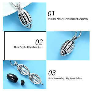 Oinsi American Football Cremation Locket Necklace For Ashes Of Loved Ones Stainless Steel Memorial Urn Jewelry Women Men Keepsake Fashion Necklace (Silver With Black)