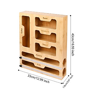 Generic Bag Storage Organizer for Kitchen Drawer, 6 in 1 Foil and Plastic Wrap Dispenser with Cutter, Bamboo Plastic Bag Food Baggie Organizer, brown, M-4hf01